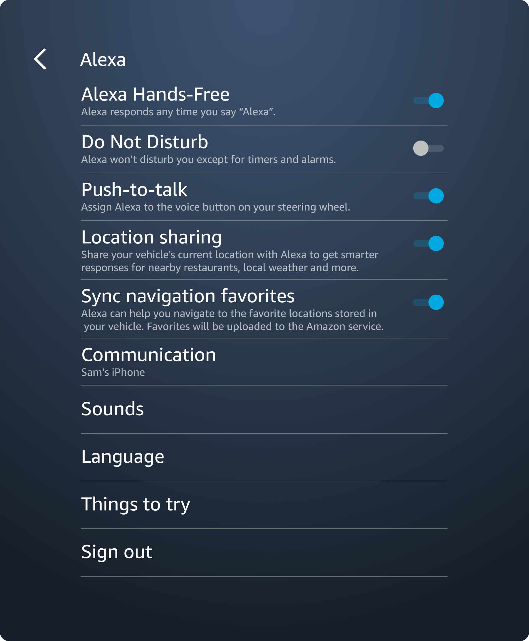 Menu and settings | Alexa Automotive