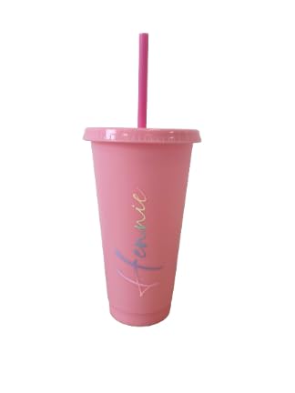 Personalised Cold Cup with Lid and Straw, Rainbow Name Cup (Pink ...