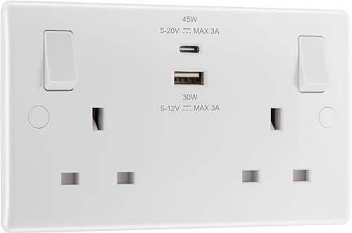 BG Electrical Double Switched Power Wall Plug Socket with Type A USB ...