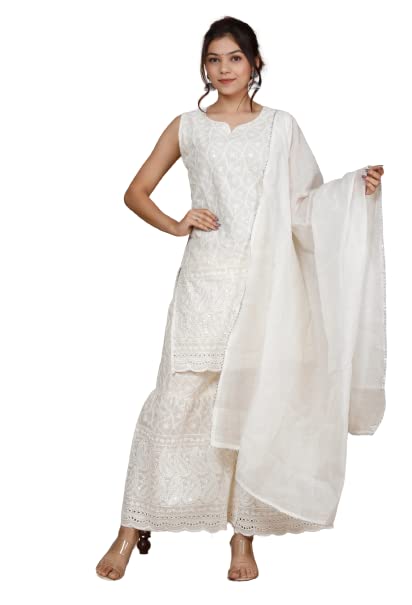 Buy Angiya Beige Embroidered Chikankari Pure Cotton Kurta with Sharara ...
