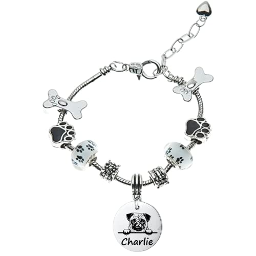 Amazon.com: Pug Dog Gifts, Personalized Pug Beaded Charm Bracelet ...