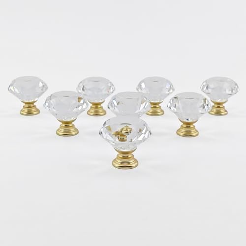 YEMCHI 8 Pack Crystal Glass Cabinet Knobs Brushed Gold, Modern Bathroom 1.2" Clear Diamond ...