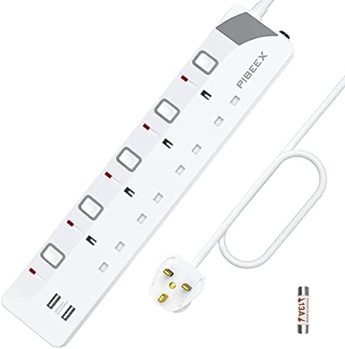 5M Extension Lead with Individual Switches, 13A 4 Way Power Strip 2 USB ...