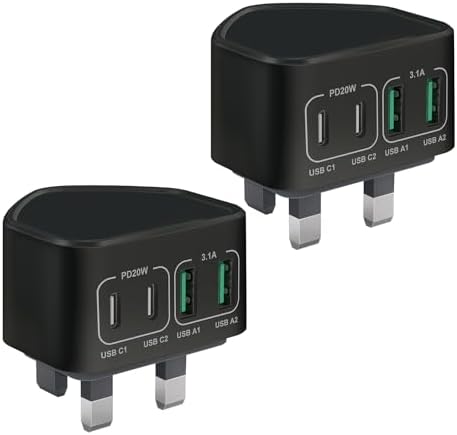 2-Pack 40W USB C Plug Fast Charge, 4-Port Multi Charger Plug UK Charing ...