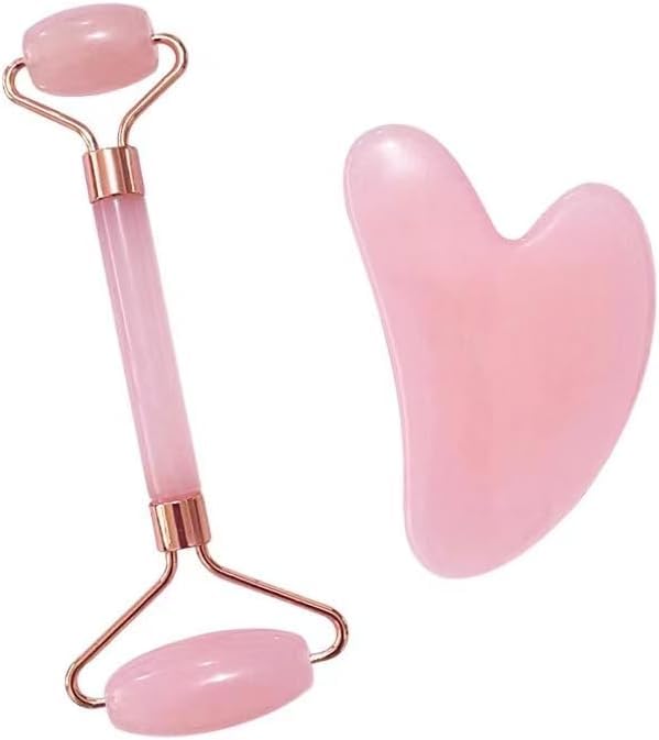 LGLAU Jade Roller and Gua Sha Stone Massage Tool Set, Natural Rose ...