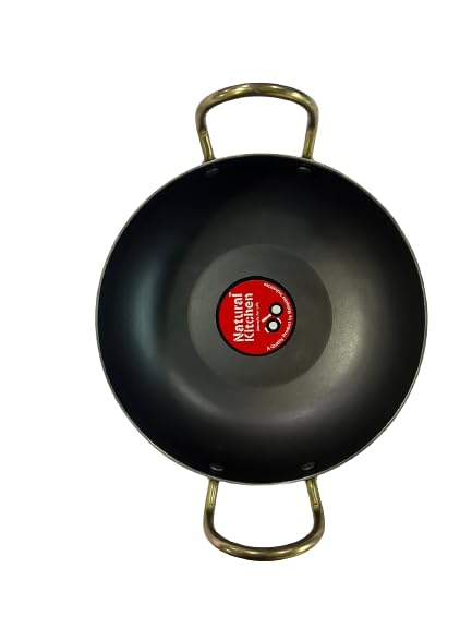 Natural Kitchen Pre-Seasoned Iron Kadai with Strong Gold Handles ...
