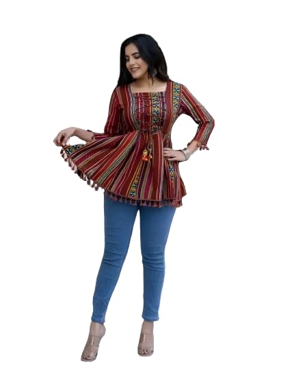 Buy Women's Cotton Printed Multicolour Anarkali Short Kurti/Tops (Small ...