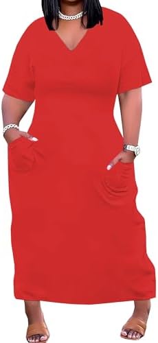 Red Women's Plus Size V Neck Short Sleeve Maxi Dresses Casual Summer ...