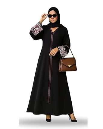 Women’s Black Embroidered Abaya no Hijab | Floral Sleeve Muslim Dress ...