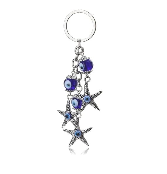 BLUE BEADS Three Star Fish Evil Eye Keychain Keyring for Car/Bike Home ...