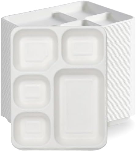 YOUNTHYE 5 Compartment Disposable Plates, 150PCS Rectangle Bagasse ...