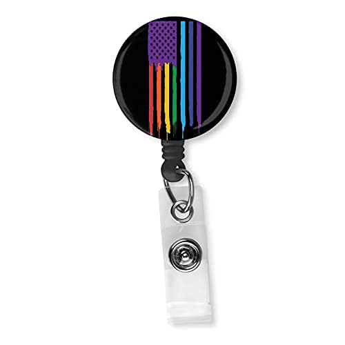 Amazon.com: Rainbow American Flag LGBT Pride Badge Reel ID Holder ...