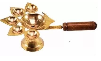 Buy Traditional Panchmukhi Diya with Brass Wooden Handle Panch Aarti ...