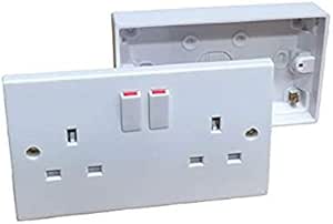 White 2 Gang Twin Double Switched Wall Socket + 25mm Surface Pattress ...