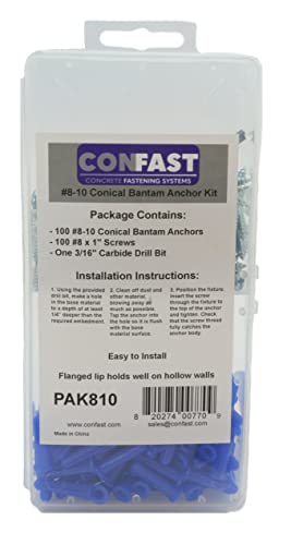 Snapklik.com : CONFAST #8-10 Plastic Conical Blue Bantam Drywall Wall Anchor Kit PAK810, Includes