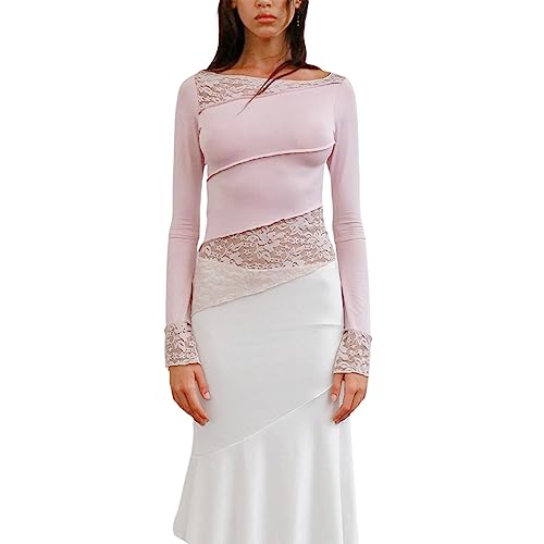 Snapklik.com : Women Lace Long Sleeve Shirt Top Y2K Slim Fit Crop Top ...