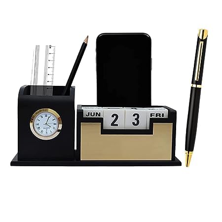 UAX® | Pen Holder for Table Stylish | Wooden Pen Stand With Clock ...