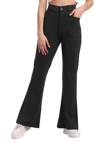 Buy Broadstar Women Dark Grey High-Rise Flared Trousers| Bootcut ...