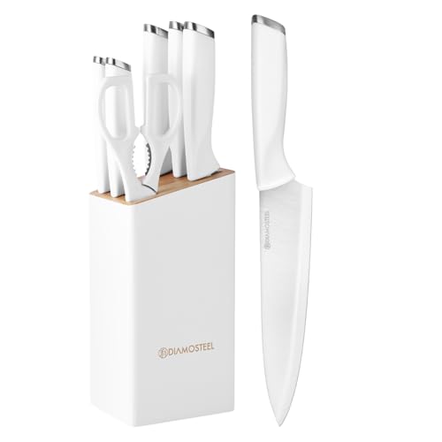 White Knife Set with Block, 7 Pieces Sharp Knife Block Set with ...