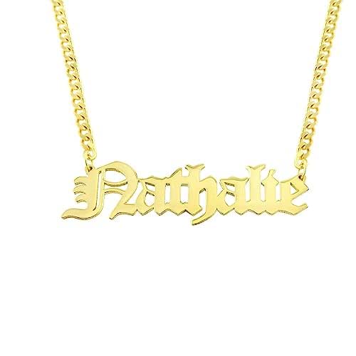 Amazon.com: 14K Real Solid Gold Old English Name Necklace, Gourmet ...