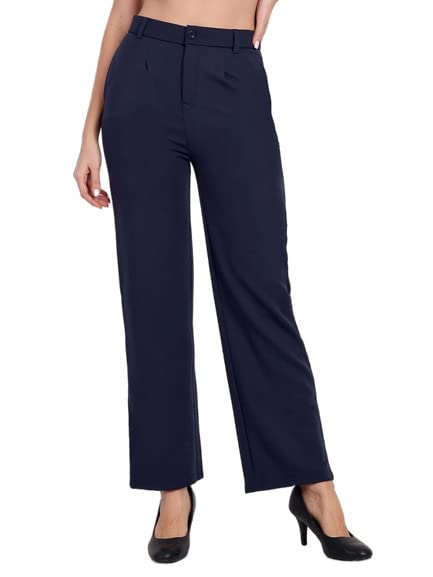 Buy Broadstar Women Navy High-Rise Straight Fit Trousers | Stretchable ...