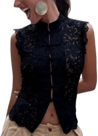 Coquette Y2K Crop Top Vrouwen Bloemen Kant Mouwloze Mock Hals Zie Door ...