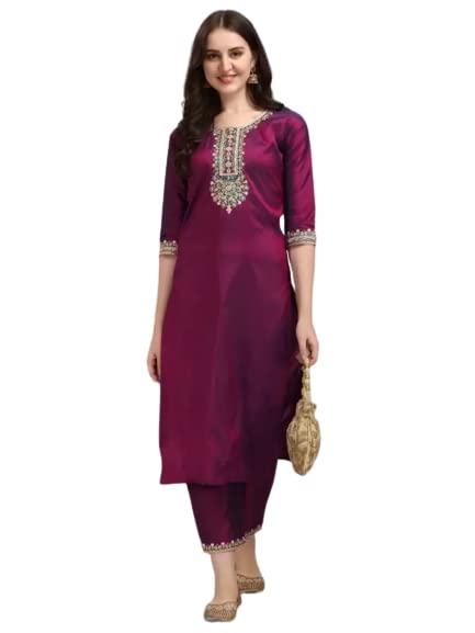 Buy EVANTA Women's Art Silk Embroidery Kurta with Pent Set (EV-Kurti ...