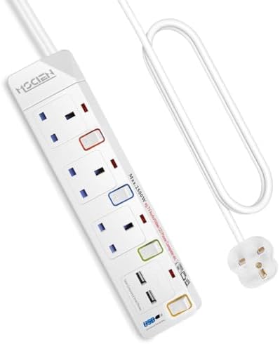 3 Way Extension Lead with 2 USB Slots, Mscien 3M Extension Lead, Multi ...