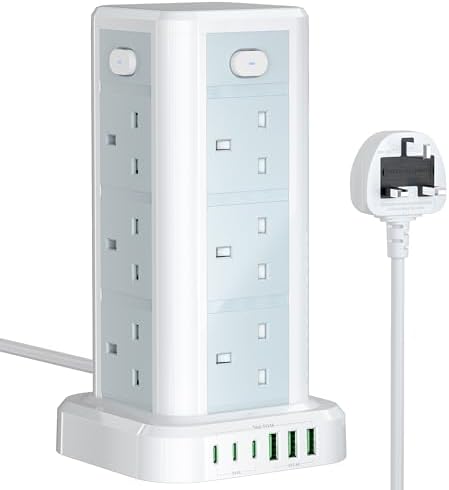 Tower Extension Lead with USB C Slots, 12 Way Multi Plug Socket ...