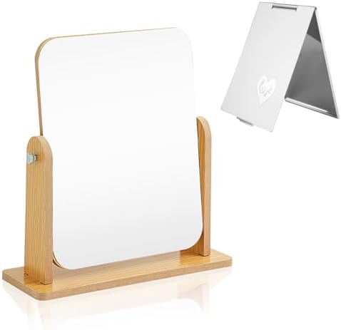 Cosmetic Mirror - 360 Degree Rotation Standing Wooden Makeup Mirror ...