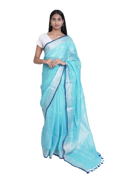 LINEN HOUSE |Pure Linen Light Blue Color Saree .6 : Amazon.in: Fashion