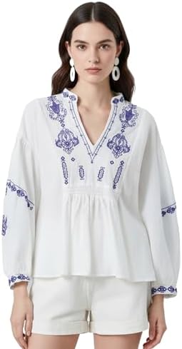TUREAU Womens Embroidered Shirt Long Sleeve Boho Blouse Lantern Sleeve ...