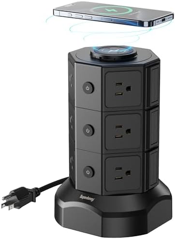 Amazon.com: Tower Power Strip with 15W Wireless Charger, 6FT Flat Plug ...