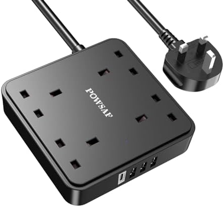 Extension Lead with USB Slots，6 Way Outlets 5 USB(5A, 1 USB- C and 4 ...