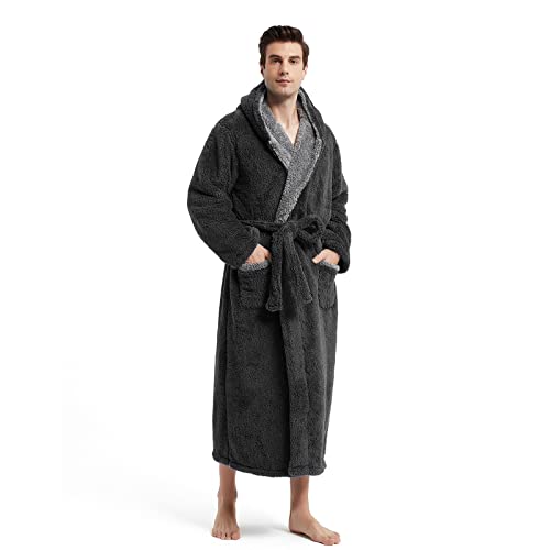 Akakios Mens Warm Fleece Robe with Hood Soft Plush Robes Full Length ...