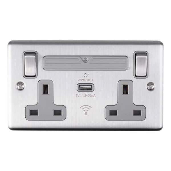 13A 2 GANG SP SWITCHED SOCKET WI-FI EXTENDER + 1X2.4A USB CHARGER SATIN ...