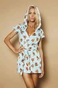 LIGHT BLUE CHEEKY MONKEY HOODIE WAIST TIE SWIMSUIT COVER UP MINI ROBE ...