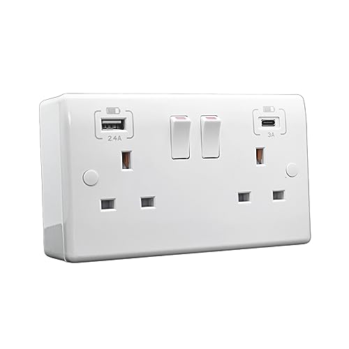 SHPELEC 13A Slimline Double Socket + 29mm Surface Mount Back Box Set ...