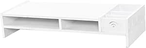 Dual Monitor Stand Desk with Keyboard Holder Drawer - Bamboo White Base ...