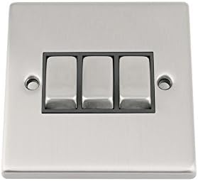 Triple Light Switch 3 Gang - Satin Matt Chrome - Square - Black - Metal ...