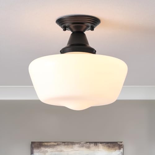 BinoBro Schoolhouse Light Fixture, 12 Inch Black Finish with Milk Glass ...