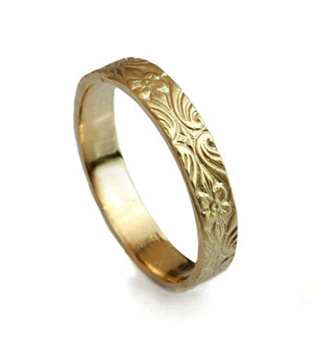 Amazon.com: Vintage 14k solid gold flowers 4mm thin art deco engraved ...