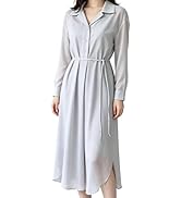 Amazon.co.jp: [Kaiyas] ワンピース レディース ロング丈 夏 シフォン シャツワンピース 薄手 Aライン 通気 ベルト ...