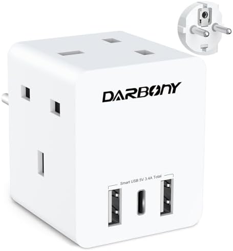 Travel Adapter UK to EU Europe Plug Adaptor with USB C, Grounded ...