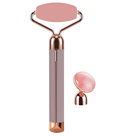 Amzing 2 in 1 Rose Quartz Jade Roller Micro Vibrating Facial Roller ...