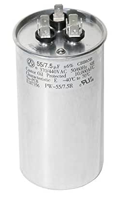 PowerWell 55+7.5 uf MFD 370 or 440 Volt Dual Run Round Capacitor TP-CAP-55/7.5/440R Condenser ...