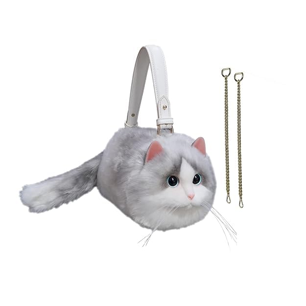 Buy bosig Realistic Puffy Plush Cat Shaped Crossbody Handbag for Women ...