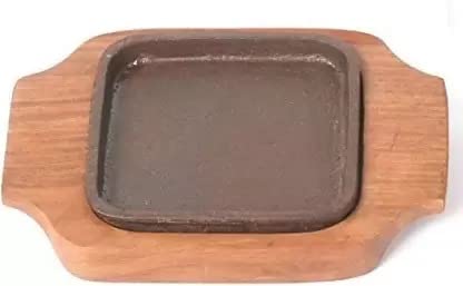 Buy Anaya Afroz Wooden Cast Iron Sizzler Plate with a Wooden Base I ...
