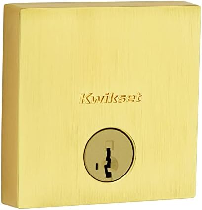 Kwikset Downtown Deadbolt Lock, Satin Brass Square Exterior Keyed Front ...