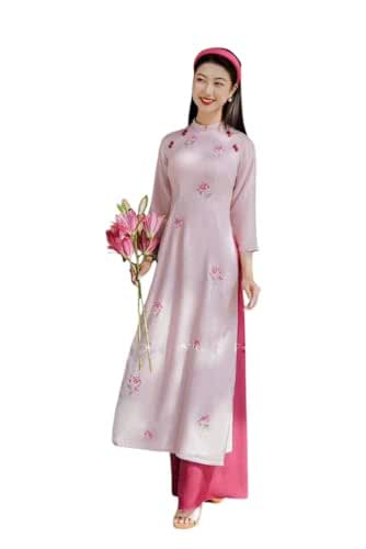 Amazon.com: H3 Flower Pink Ao dai Vietnam Set Vietnamese Traditional Ao ...